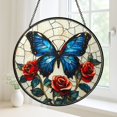 Blue Butterfly With Rose Flowers Stained Glass Style Window Hanging ...