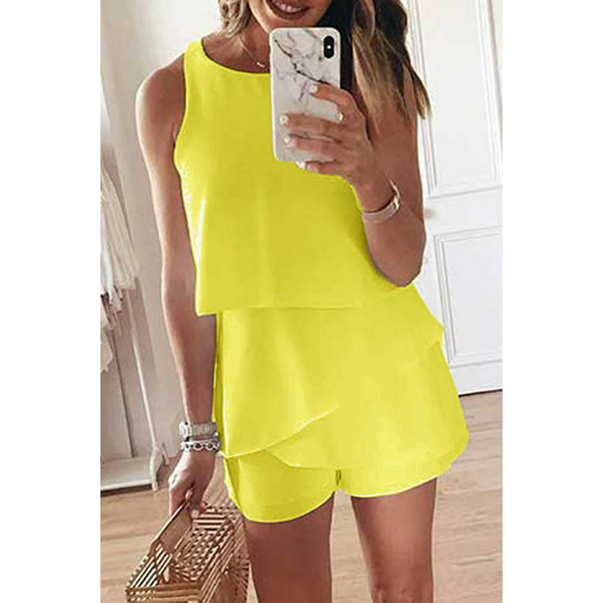 Click here for Chicfine Womens Yellow O Neck Ruffle Romper prices
