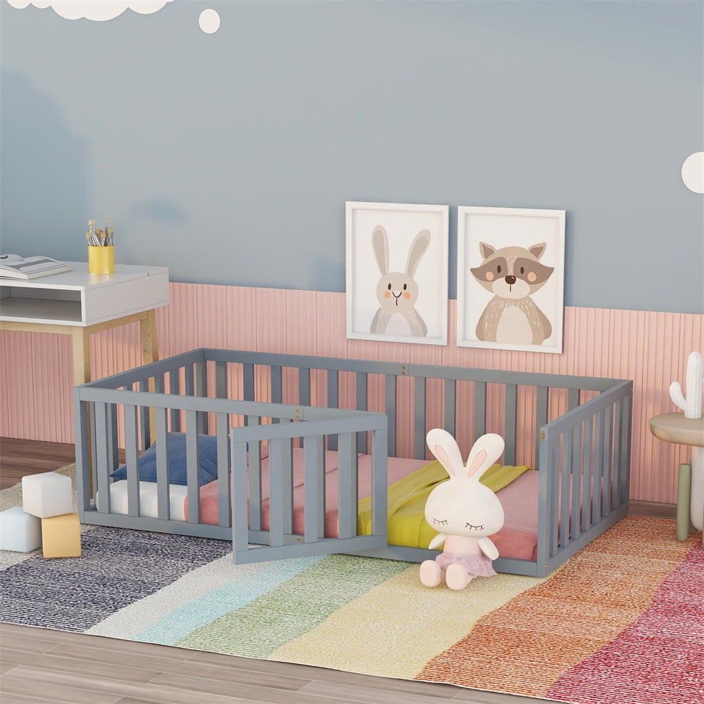 Twin Floor Bed Frame, Pinewood Kids Bed with Fence-shaped Guardrail and ...