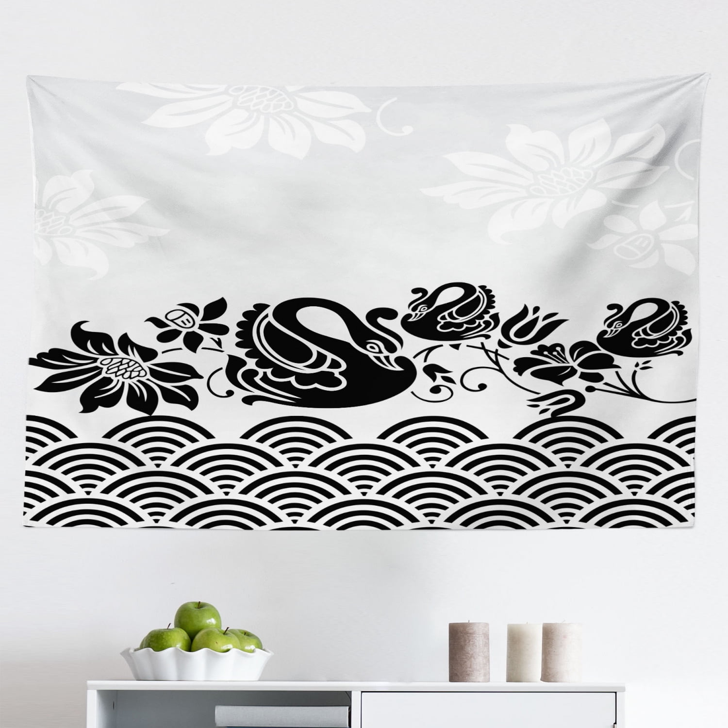 Swan Tapestry, Digital Monochrome Swan Shaped Illustration with Curves ...