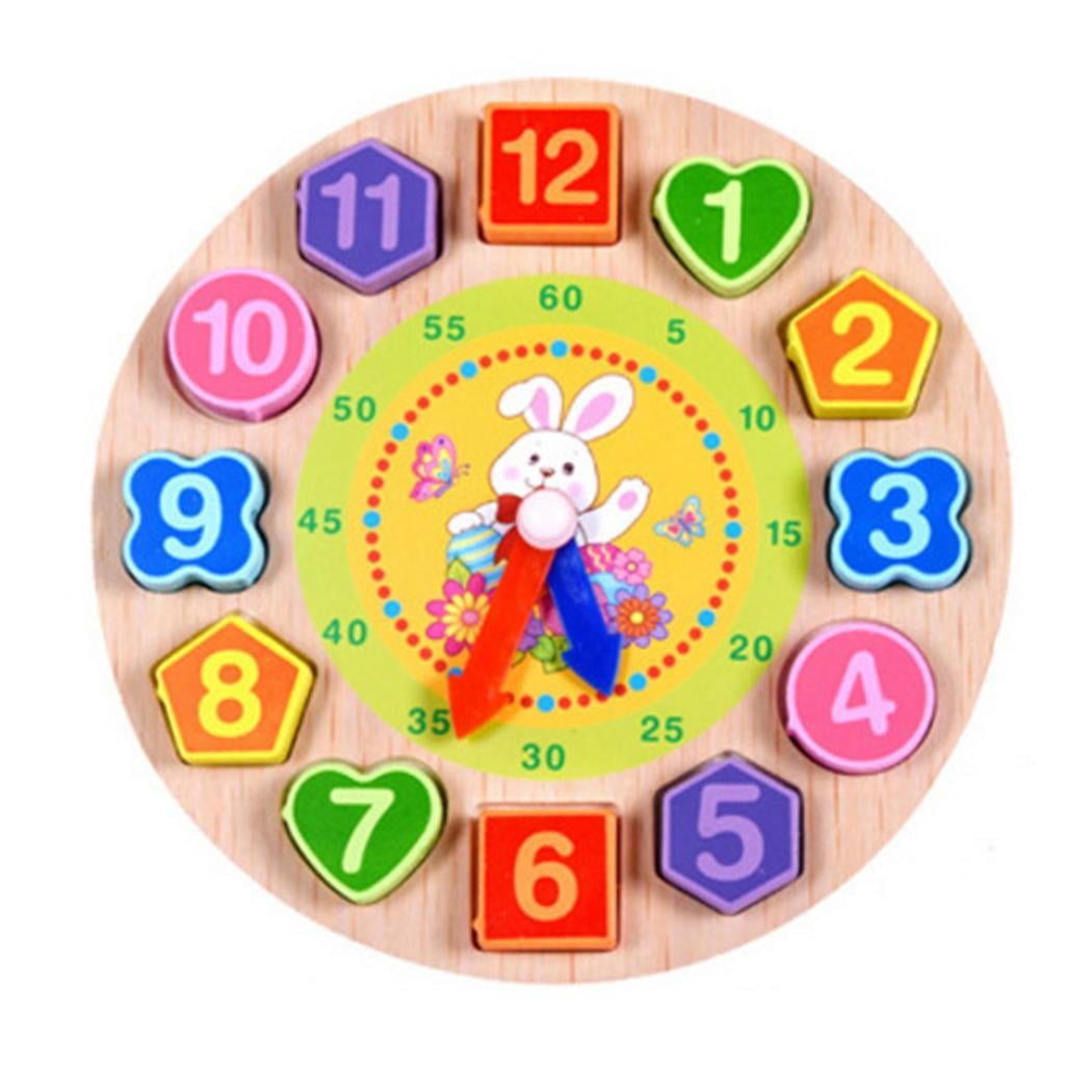 Wooden Block Toy Threading Digital Clock Round Shape Pairing Building ...
