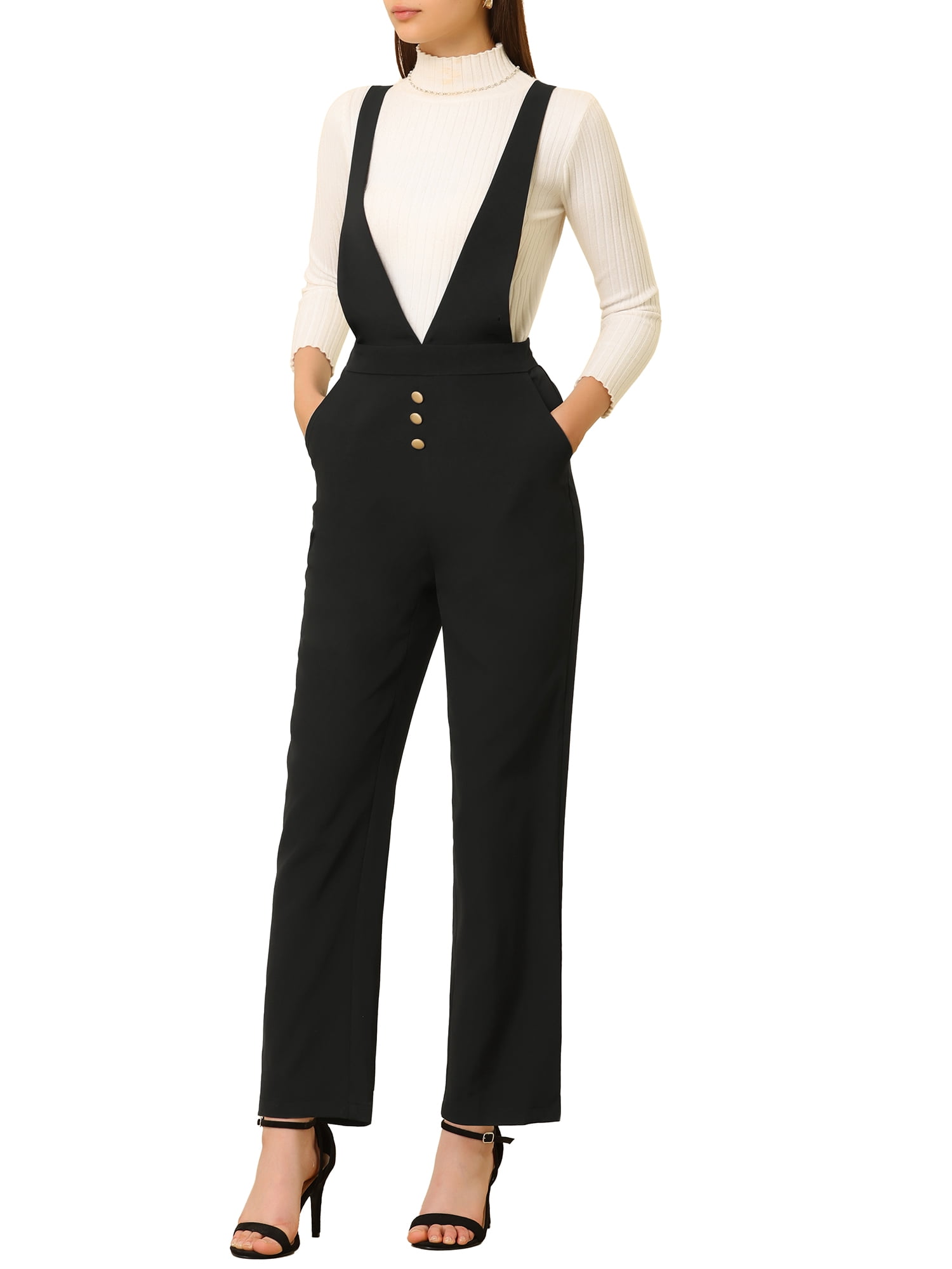 Allegra K Women's Overalls Wide Leg Pants Slant Pocket Long Suspenders ...