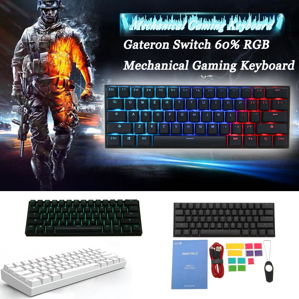Buy Anne Pro 2 61 Keys Mechanical Gaming Keyboard 60% True RGB Backlit ...