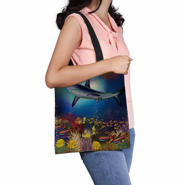 YUSDECOR Underwater Shark Tropical Fish Canvas Shoulder Bags Handbags ...