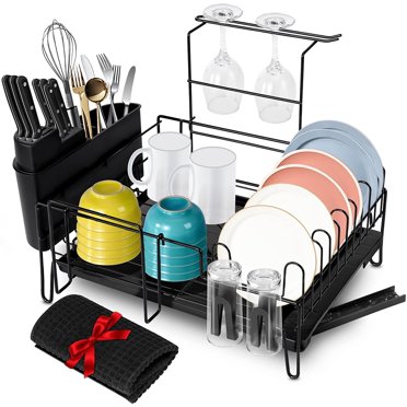Dish Drying Rack, Ispecle 2 Tier Dish Racks with Tray, Cup Utensil ...