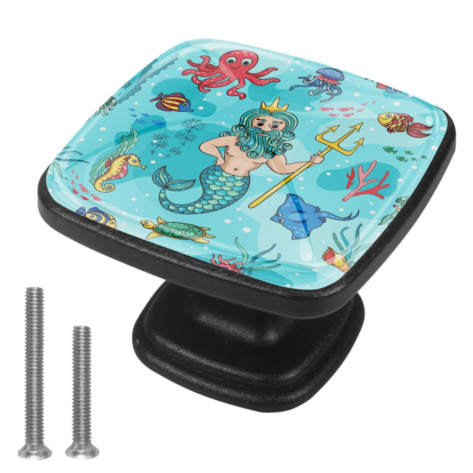 4 Pcs Cabinet Handle Drawer Pulls Underwater Mermaid Knobs with Screws Square Furniture Office ...