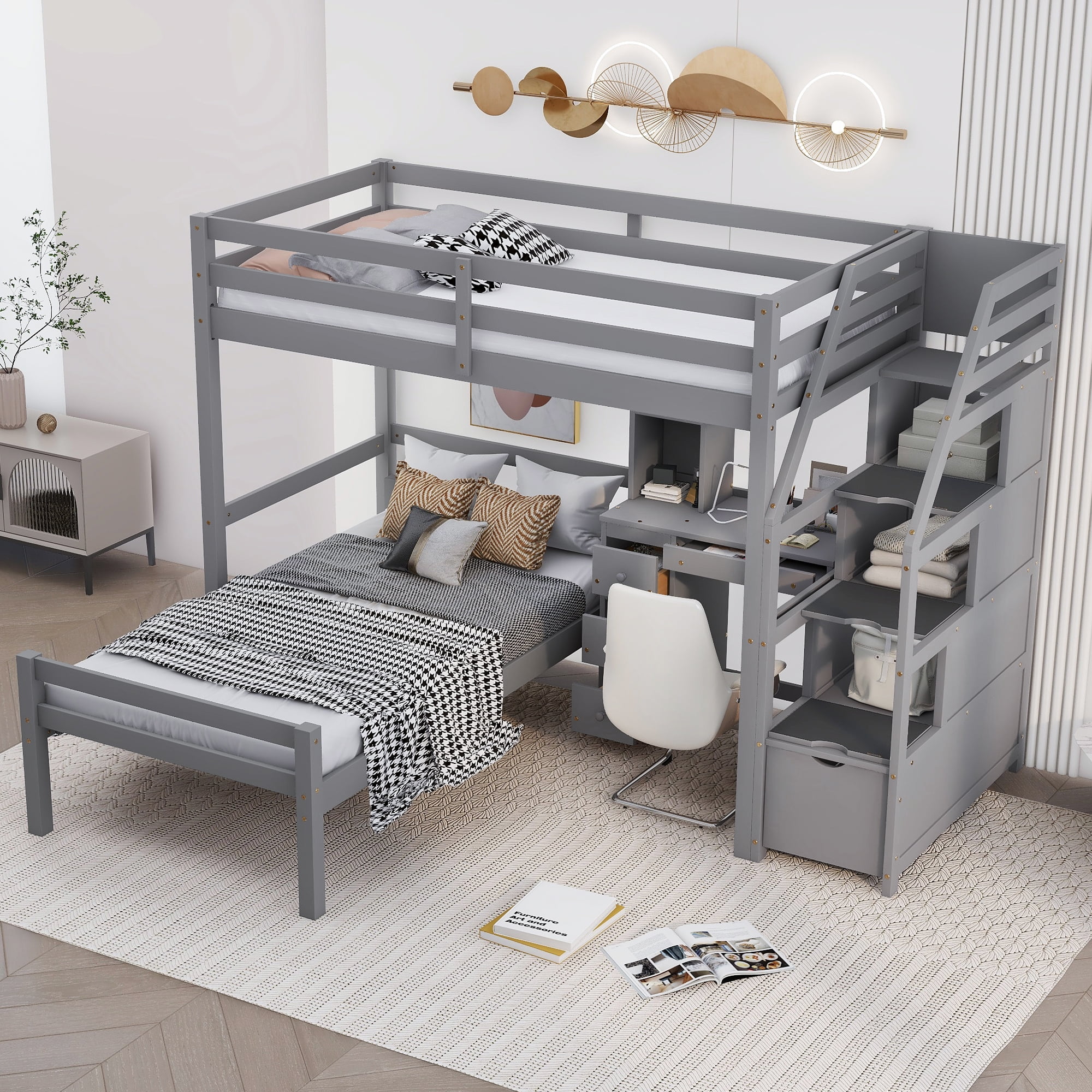 Euroco Wood Twin Size Bunk Loft Bed with Desk Drawers and Shelf for Kids Bedroom Gray Walmart