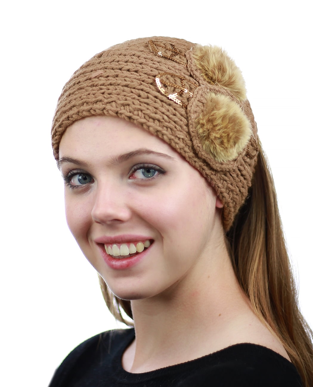 NYFASHION101 Hand Knitted Furry Flowers Winter Headband Headwrap ...