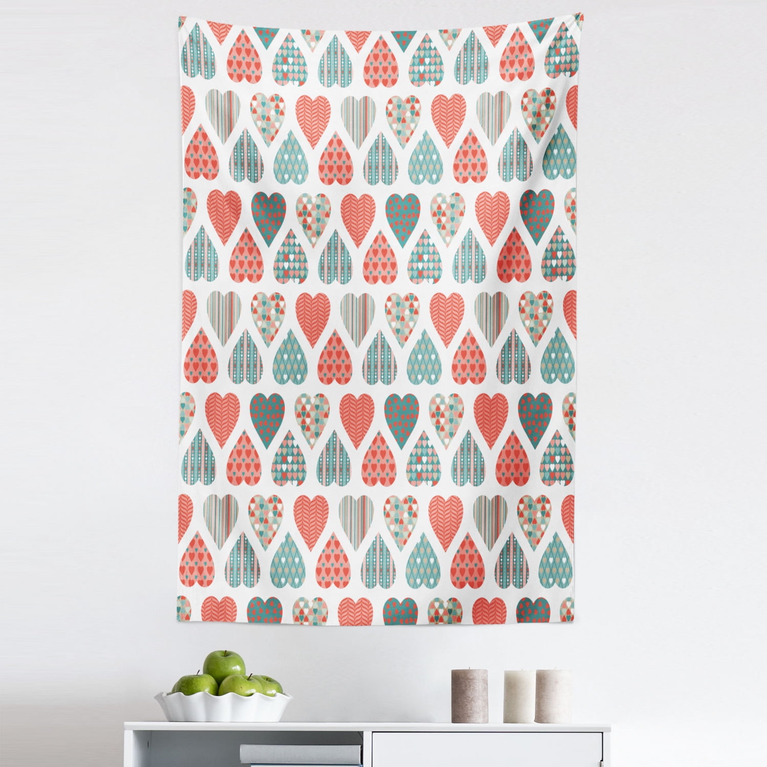 Valentines Tapestry, Retro Style up and down Hearts with Stripes Waves ...