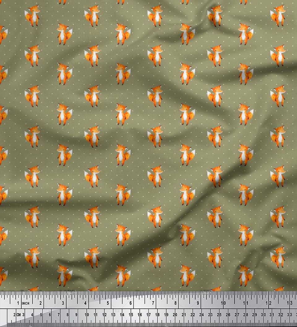 Soimoi Satin Silk Fabric Dot & Fox Cartoon Print Sewing Fabric Yard 42 ...