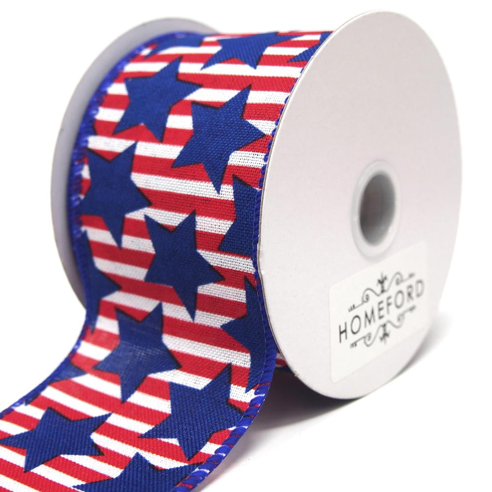 Big Blue Stars Red Striped Linen Wired Ribbon, 2-1/2-Inch, 10 Yards ...