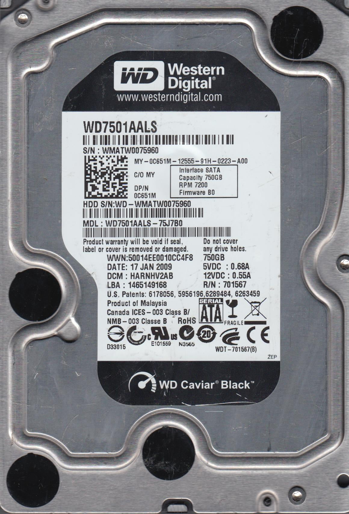 WD7501AALS-75J7B0, DCM HARNHV2AB, Western Digital 750GB SATA 3.5 Hard ...