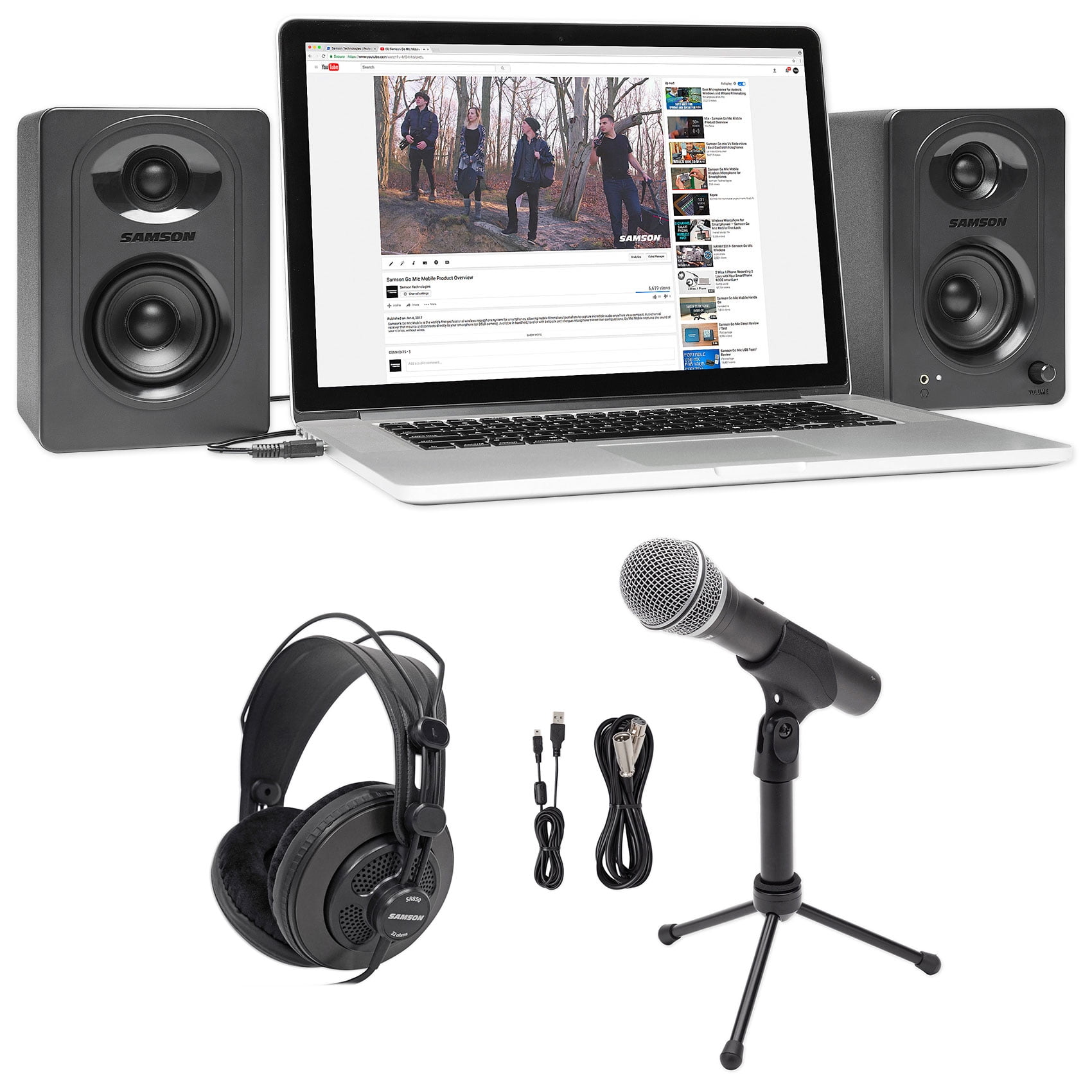 Samson Q2U USB/XLR Podcast Microphone+Studio Headphones+Pair Monitor ...