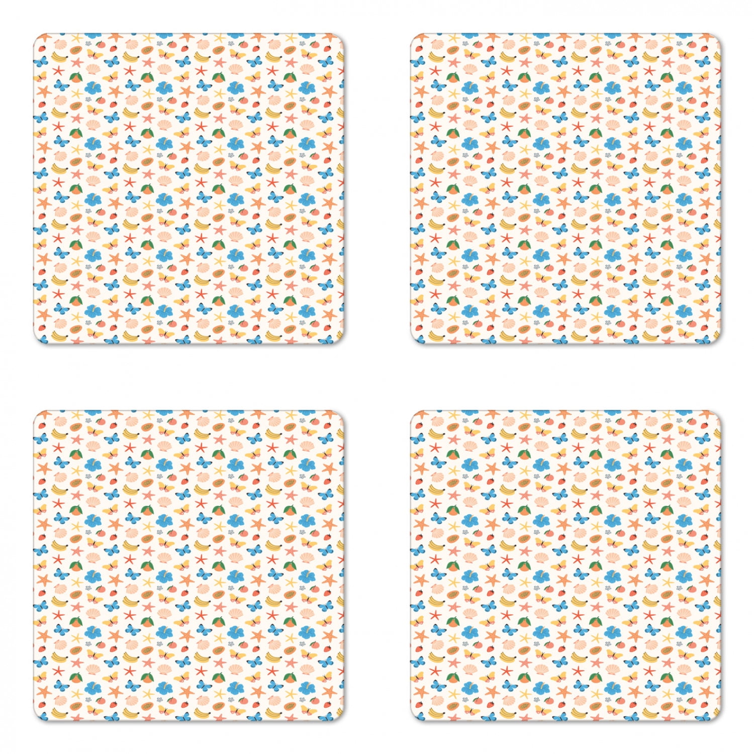 Summer Coaster Set of 4, Cartoon Style Tropical Fruits Butterflies ...