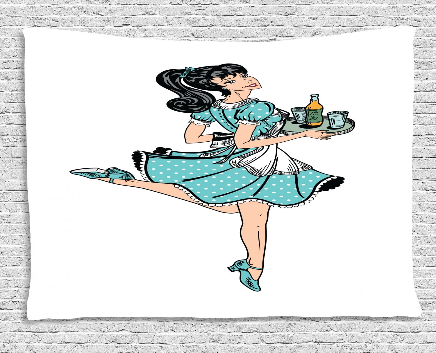 Pin up Girl Tapestry, Pony Tail Haired Waitress in Polka Dot Dress ...