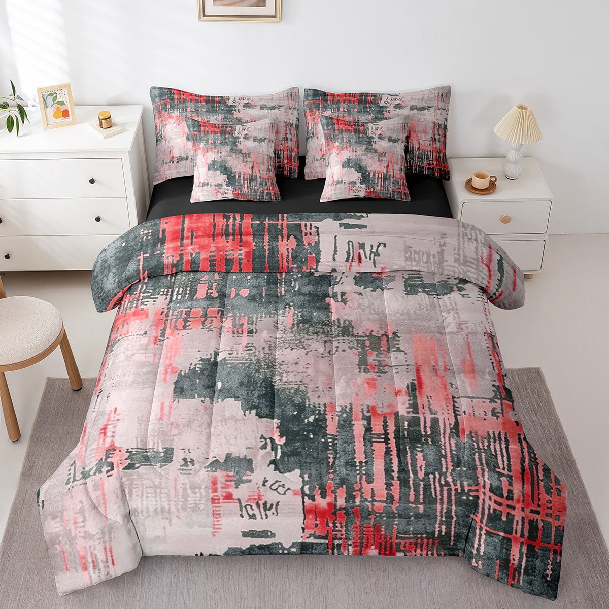 Click here for Yst Red Grey Abstract 7 Pieces Bedding Set Full Si... prices