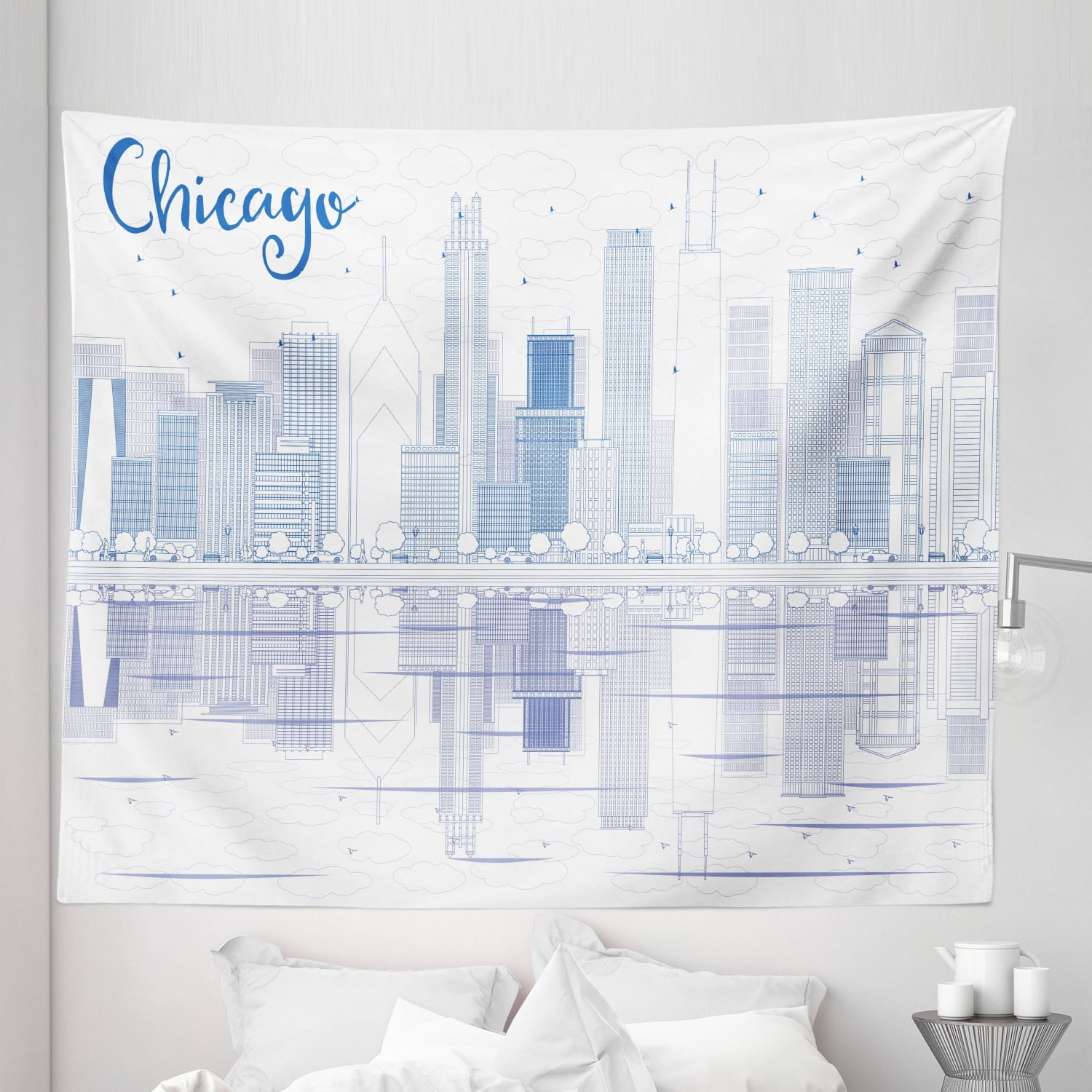 Chicago Skyline Tapestry, Skyscrapers Reflection on Lake Michigan USA ...