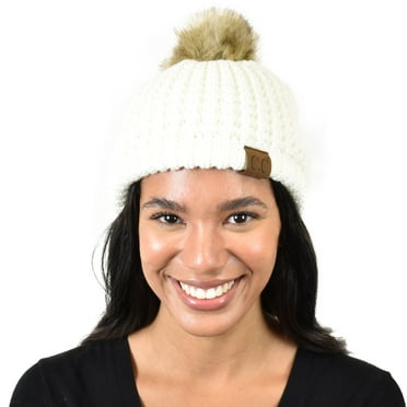 C.C Hat-43 Thick Warm Cap Hat Skully Faux Fur Pom Pom Cable Knit Beanie ...