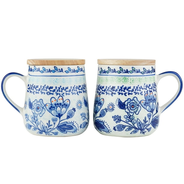 Taimei Teatime Coffee Mug With Lid Set Of 2 16 5 Ounces Ceramic