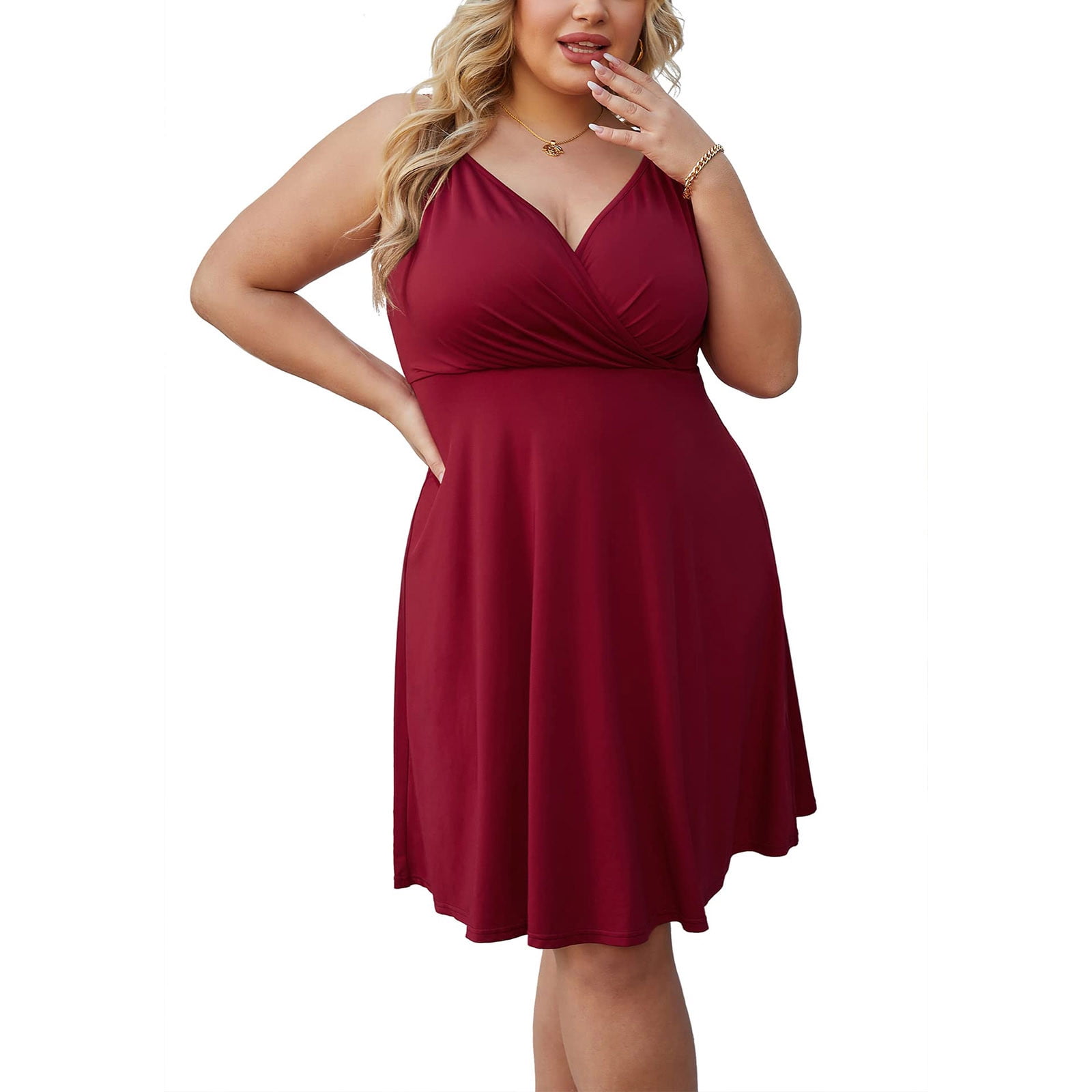Usmixi Sundresses For Women Sleeveless V Neck Solid Knee Length Dresses