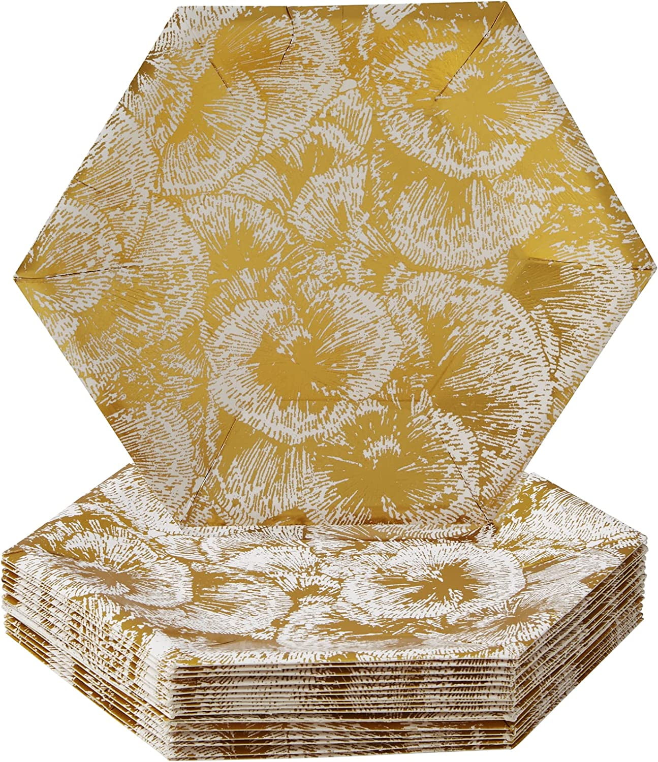 Hexagon Disposable Paper Plates (18 Pc) Metallic Floral Print, Heavy ...