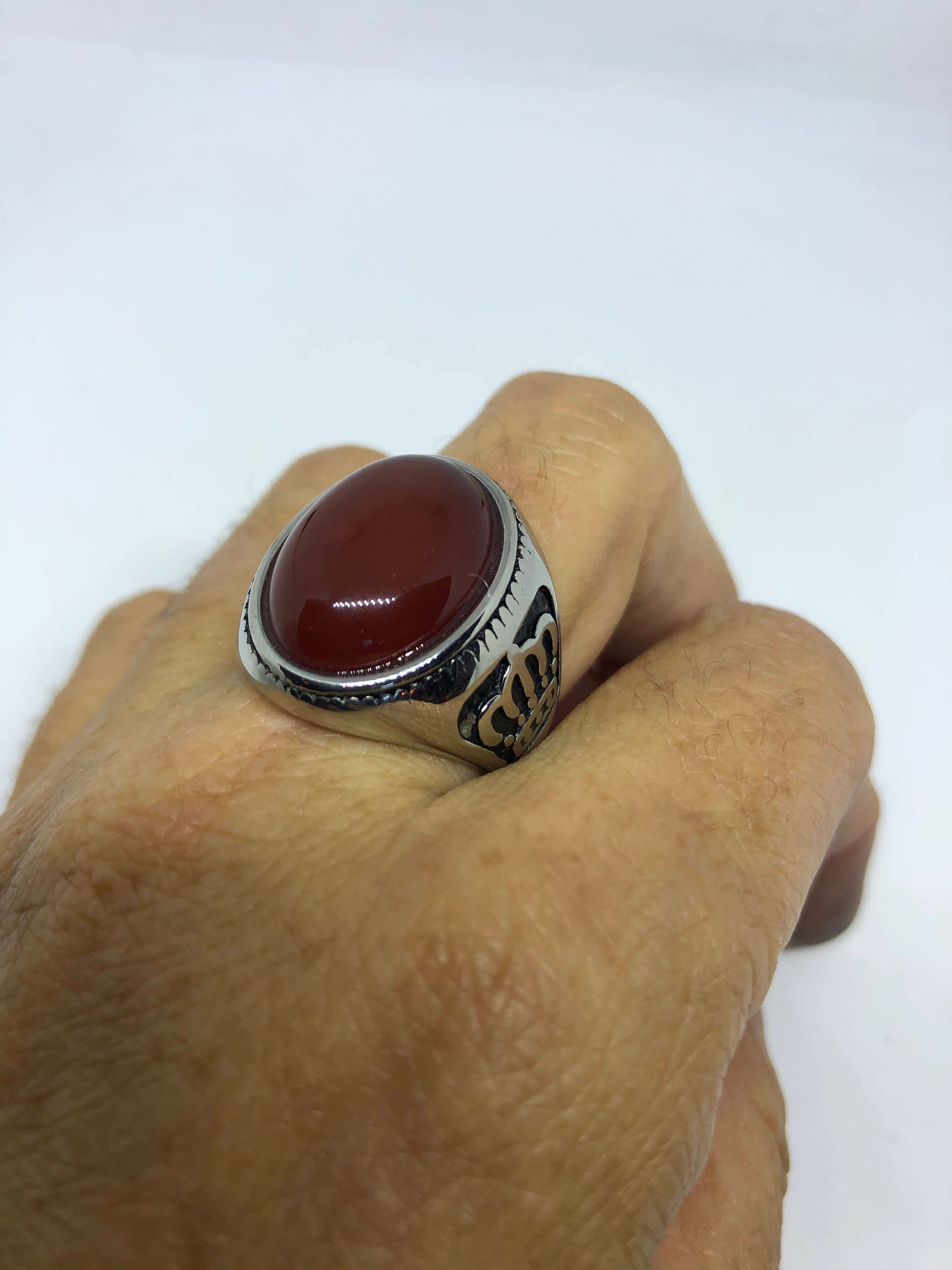 Vintage Gothic Silver Genuine Red Carnelian Crown Mens Ring - Walmart.com