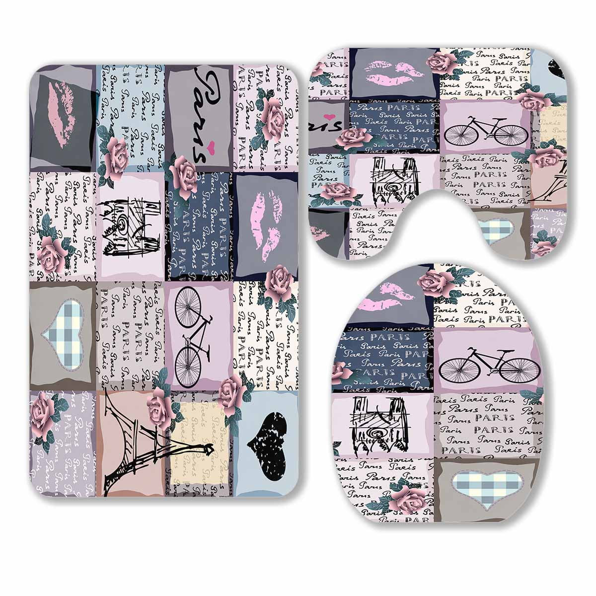 PKQWTM Collage Retro Scrapbook Inscriptions Word Paris 3 Piece Bathroom ...