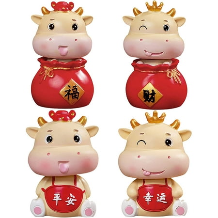 4 Pieces Cute Cow Animals Miniature Figurines, Cow Ornament Shaking ...