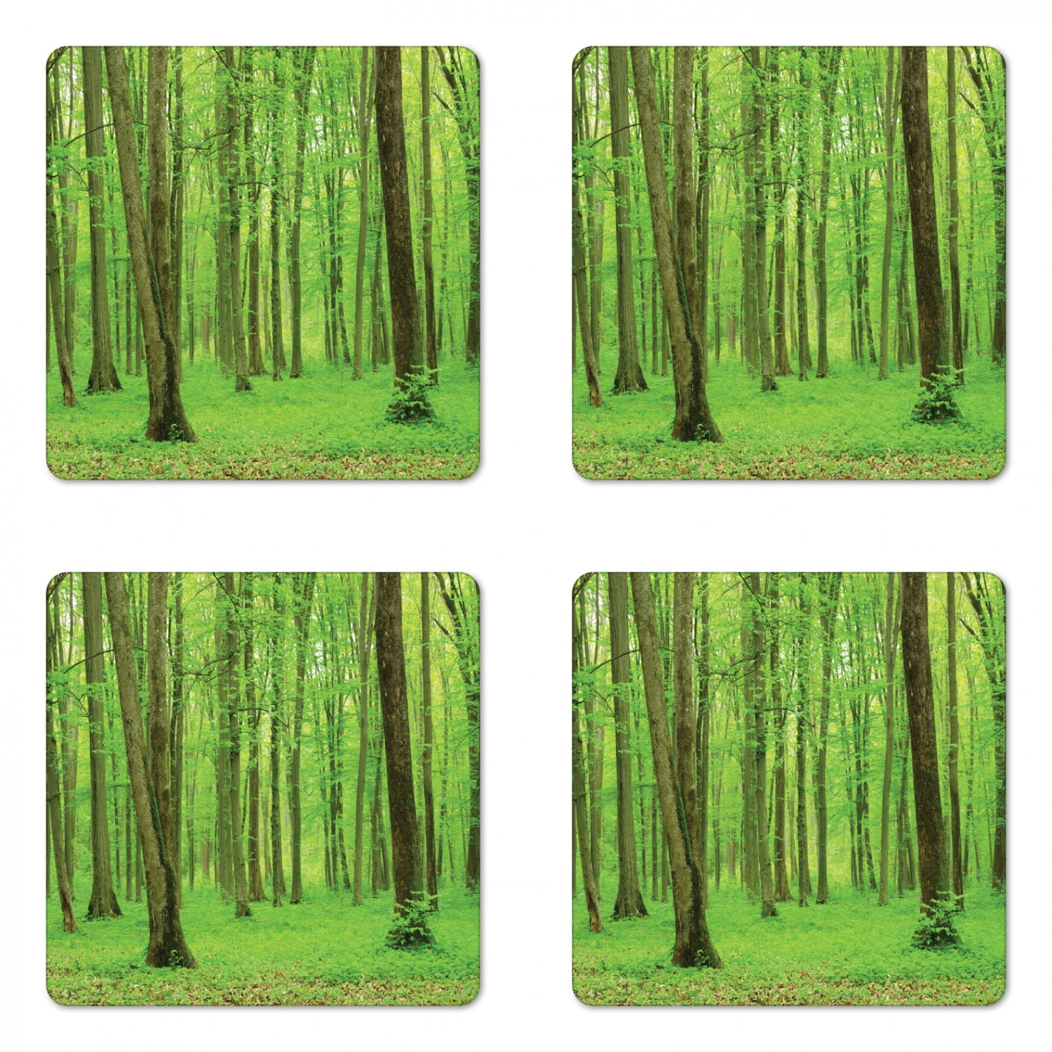 Forest Coaster Set of 4, Spring Forest in a Sunny Day Fresh Soft Colors ...