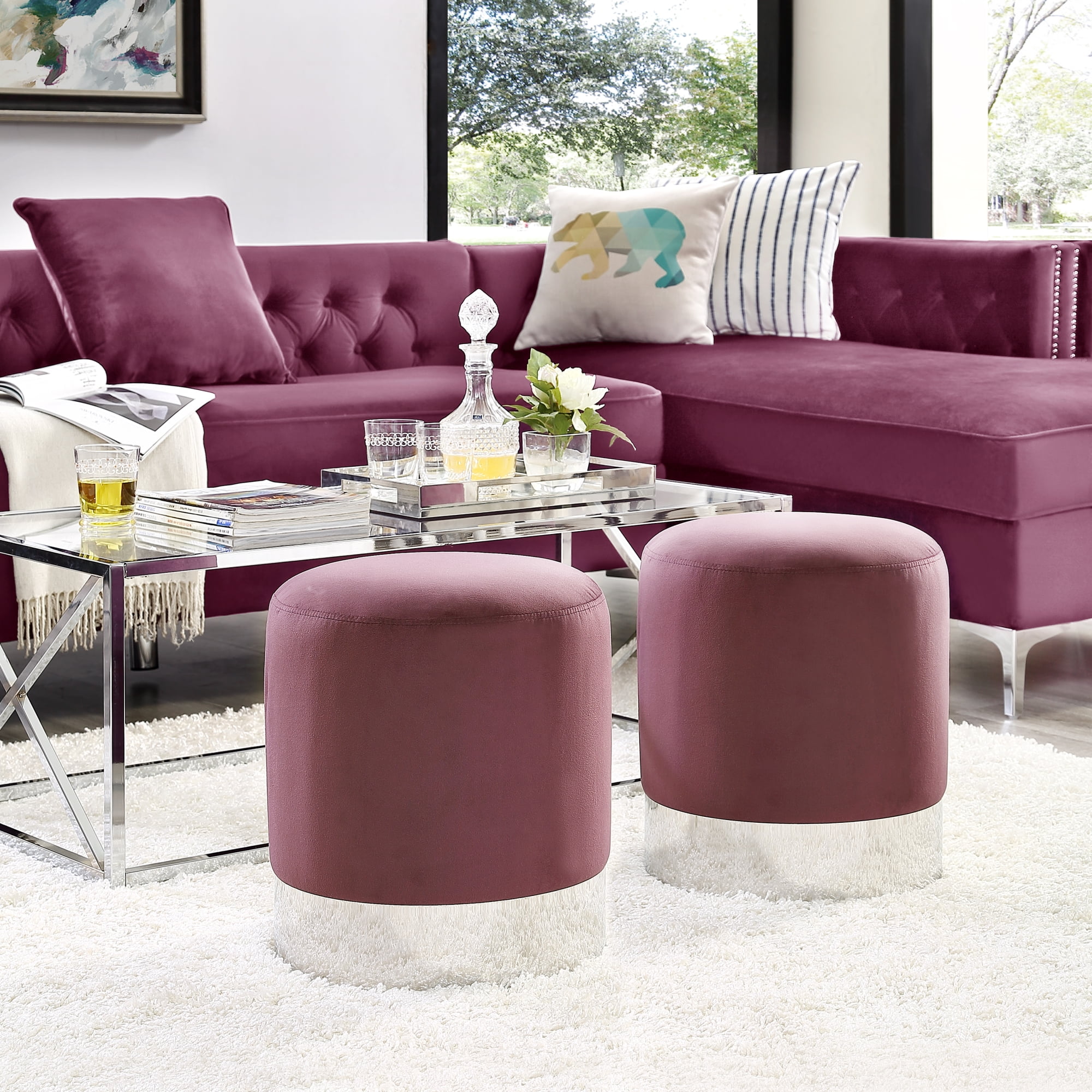 Jarel Plum/Chrome Velvet Ottoman - Metal Base - Walmart.com