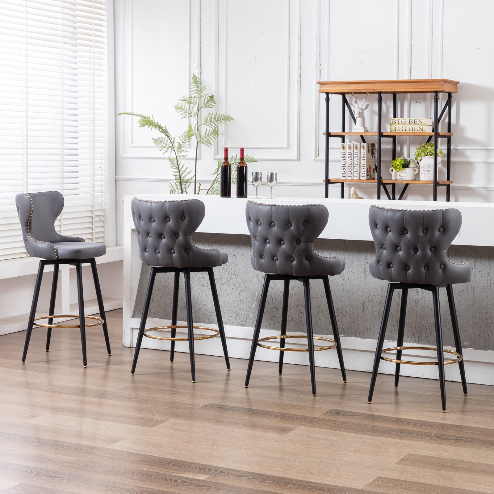 29” Bar Stool Counter Height Bar Chairs with Gold Footstool and Metal ...