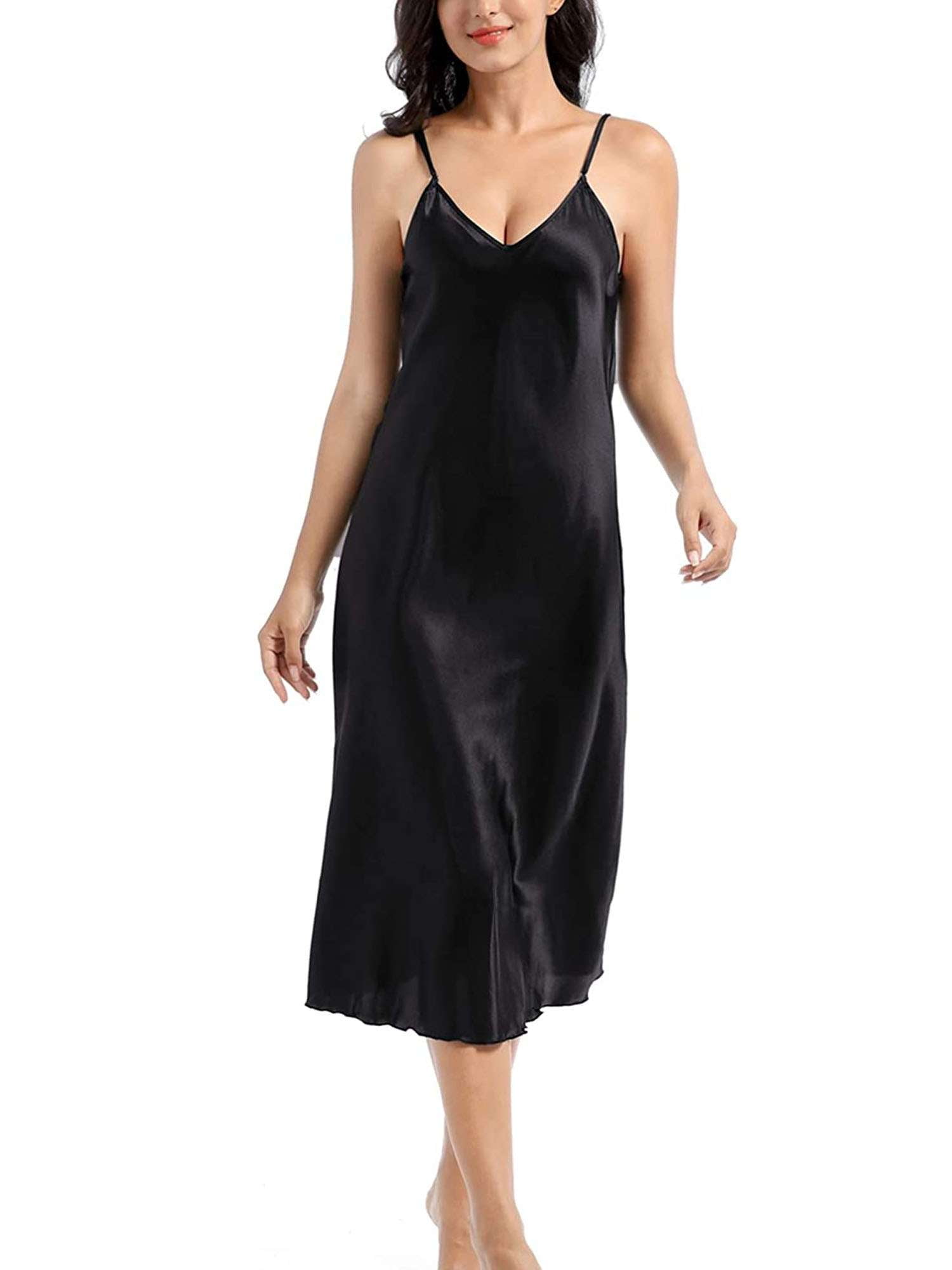 Deago Women's Satin Nightgown Sleeveless Long Slip Sleep Dress Silk V ...