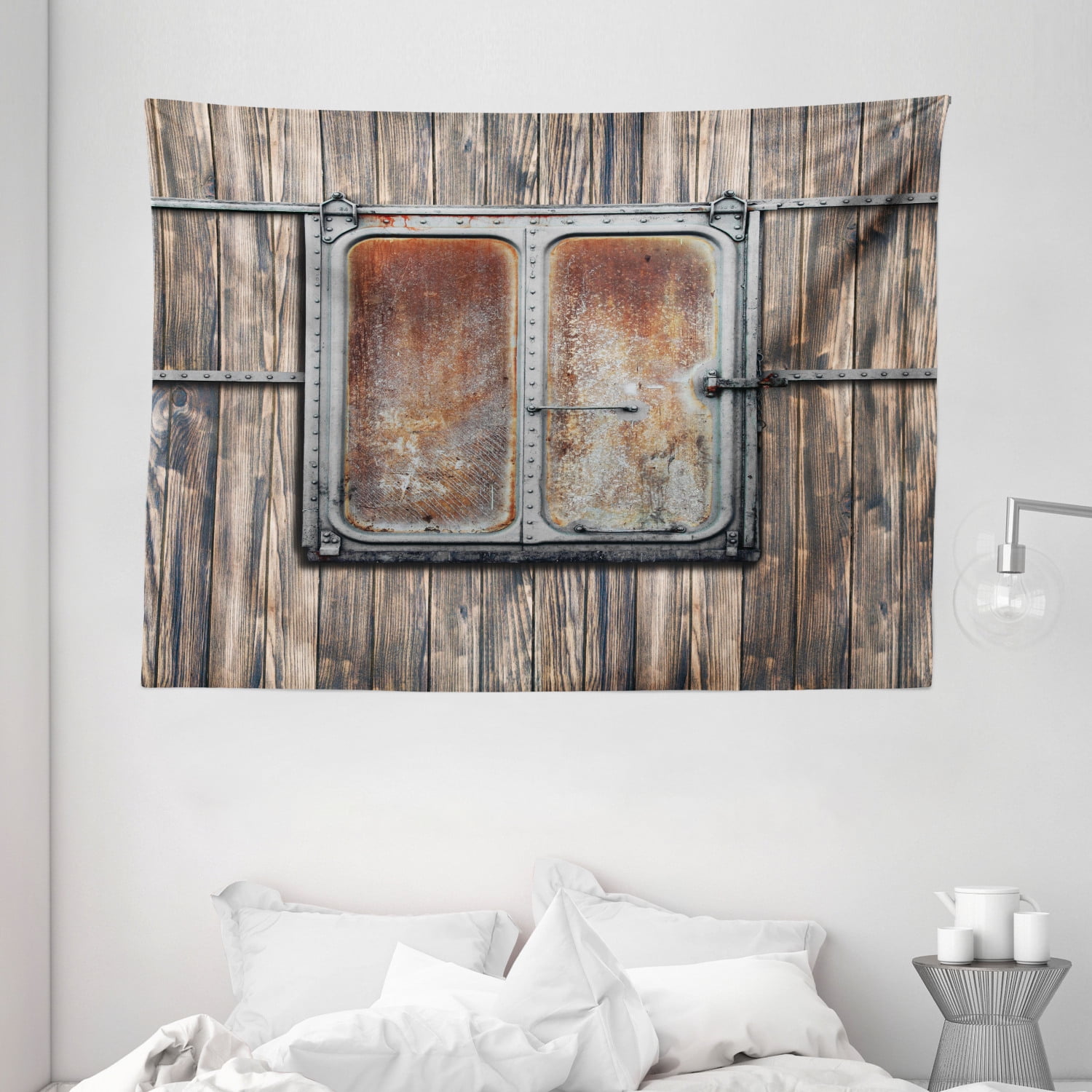 Rustic Decor Tapestry, Wooden Tree Planks with Old Rusty Two Angled ...