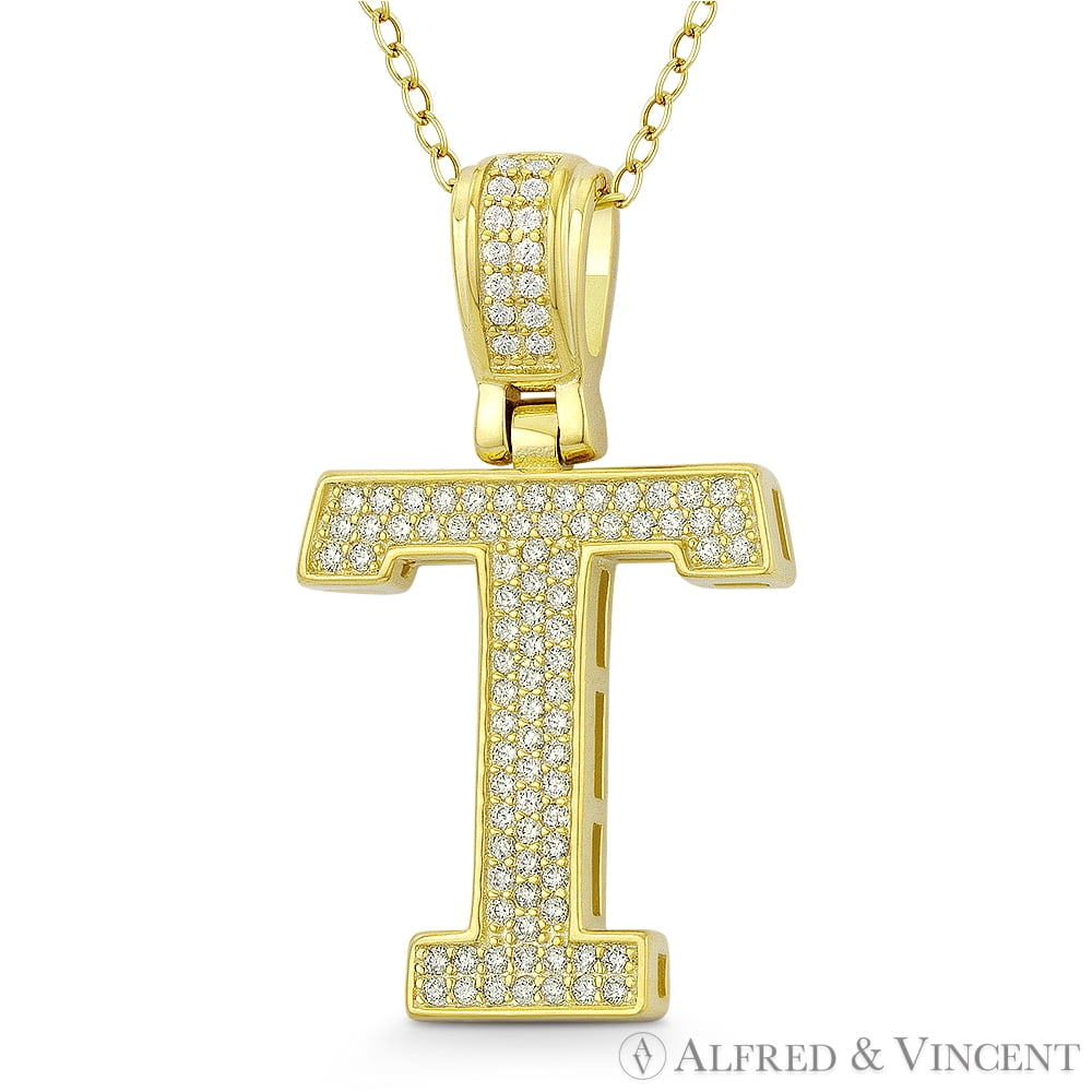 Initial Letter "T" Block Script Cubic Zirconia Crystal Pendant in .925 ...