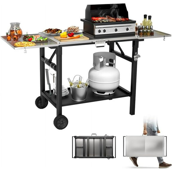 LUE BONA Foldable Outdoor Grill Cart with Rolling Wheels, Mobile BBQ ...