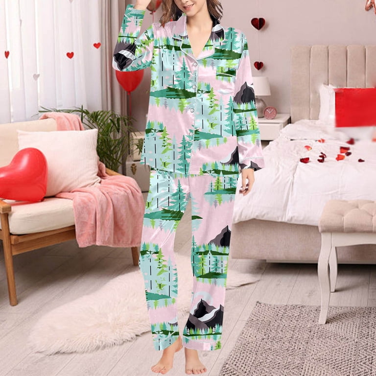 JIAYUE Women Pajama Set Notch Collar Pattern Print Satin Sleepwear Long ...
