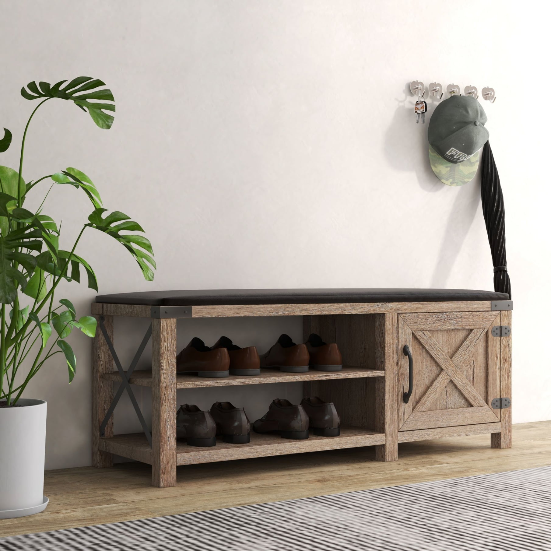 Wooden Farmhouse Shoes Bench, Modern Shoe Rack Storage Organizer Bench ...