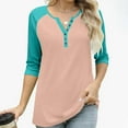 3/4 Length Sleeve Womens Tops Button V Neck Solid Color Three Quarter ...
