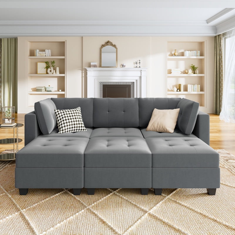 HONBAY Modular Tufted Sofa Bed with Storage Seats for Apartment, Bluish ...