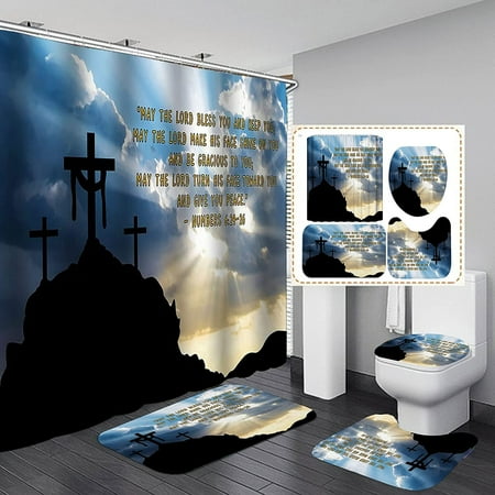 OLEBETY 4PCS/Set Bible Verse Shower Curtain, Sunlight Blue Sky White ...
