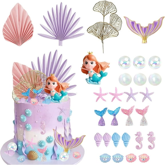 JUMRHFAN 32Pcs Mermaid Cake Topper, Under The Sea Cake Toppers Set with ...