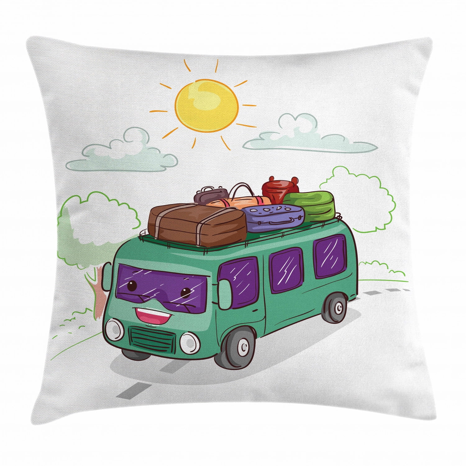 Camper Throw Pillow Cushion Cover, Bus Loaded with Luggage Cruising in ...