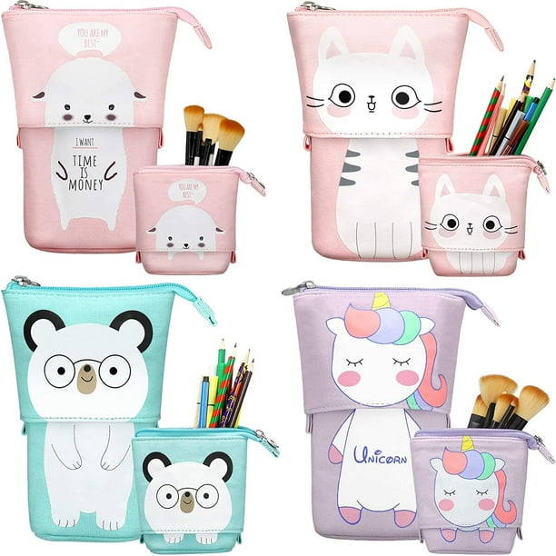 4 Pieces of Canvas Pencil Holder Cartoon Retractable Pencil Storage Bag ...