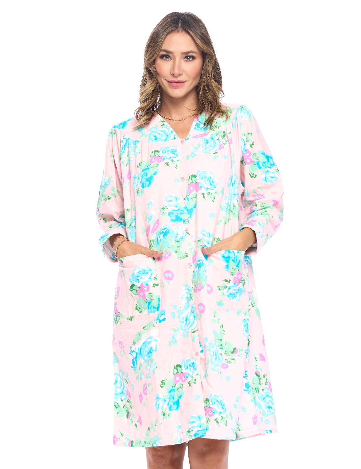 Casual Nights Women's Floral Snap Front Flannel Duster Long Sleeve ...