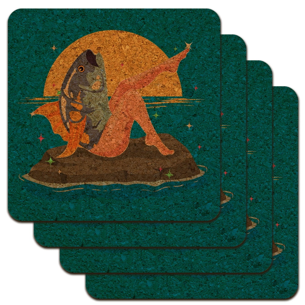 Reverse Mermaid With Tuna Head Low Profile Novelty Cork Coaster Set ...