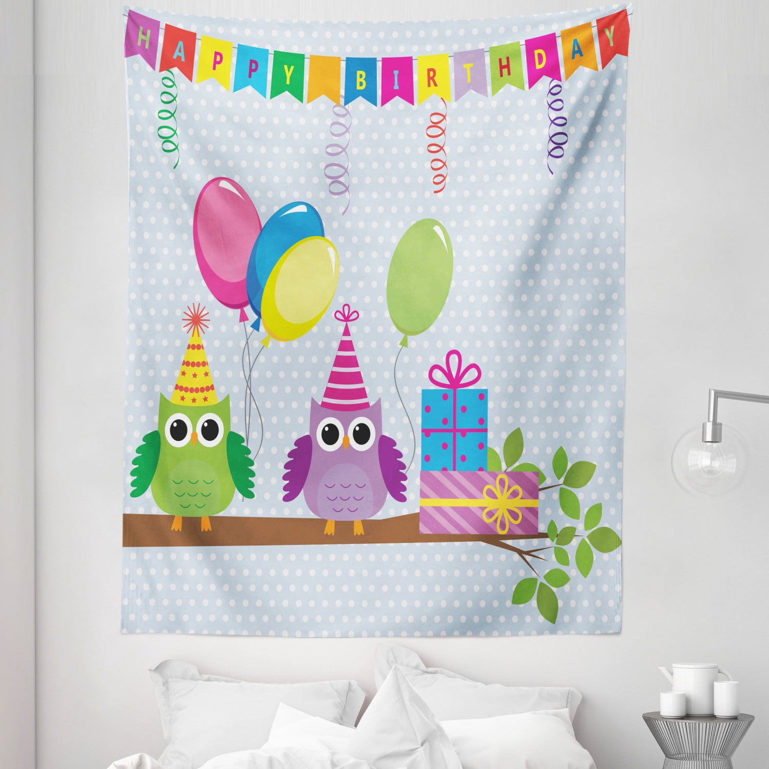 Birthday Party Tapestry, Cartoon Style Owls at a Party with Flags Boxes ...