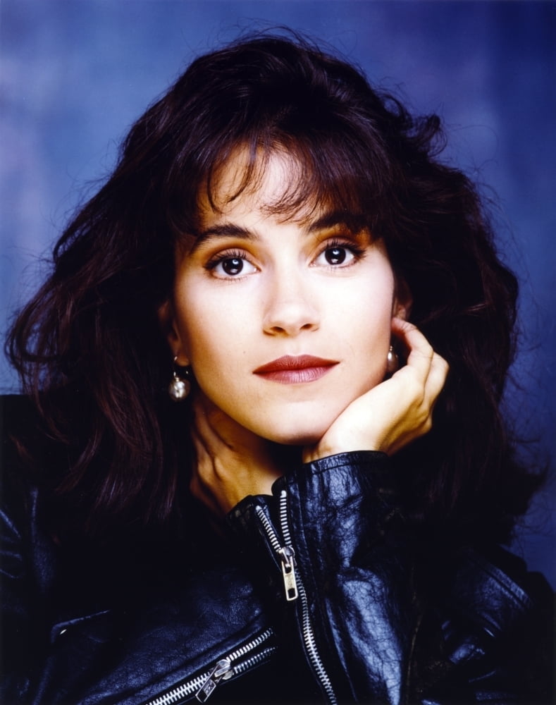 Jamie Gertz Portrait Dark Blue Long Sleeve Silk Shirt with Chin Leaning ...