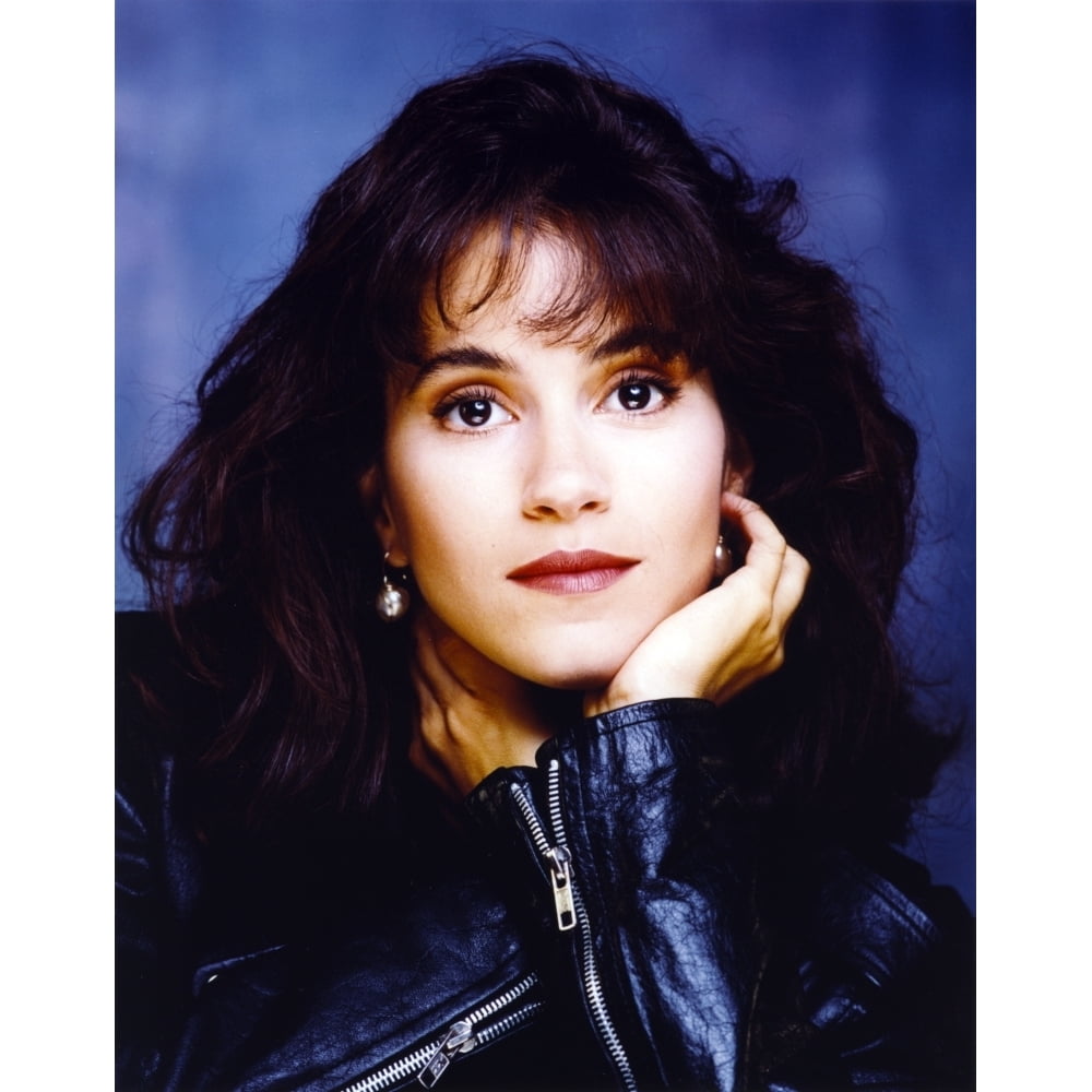 Jamie Gertz Portrait Dark Blue Long Sleeve Silk Shirt with Chin Leaning ...