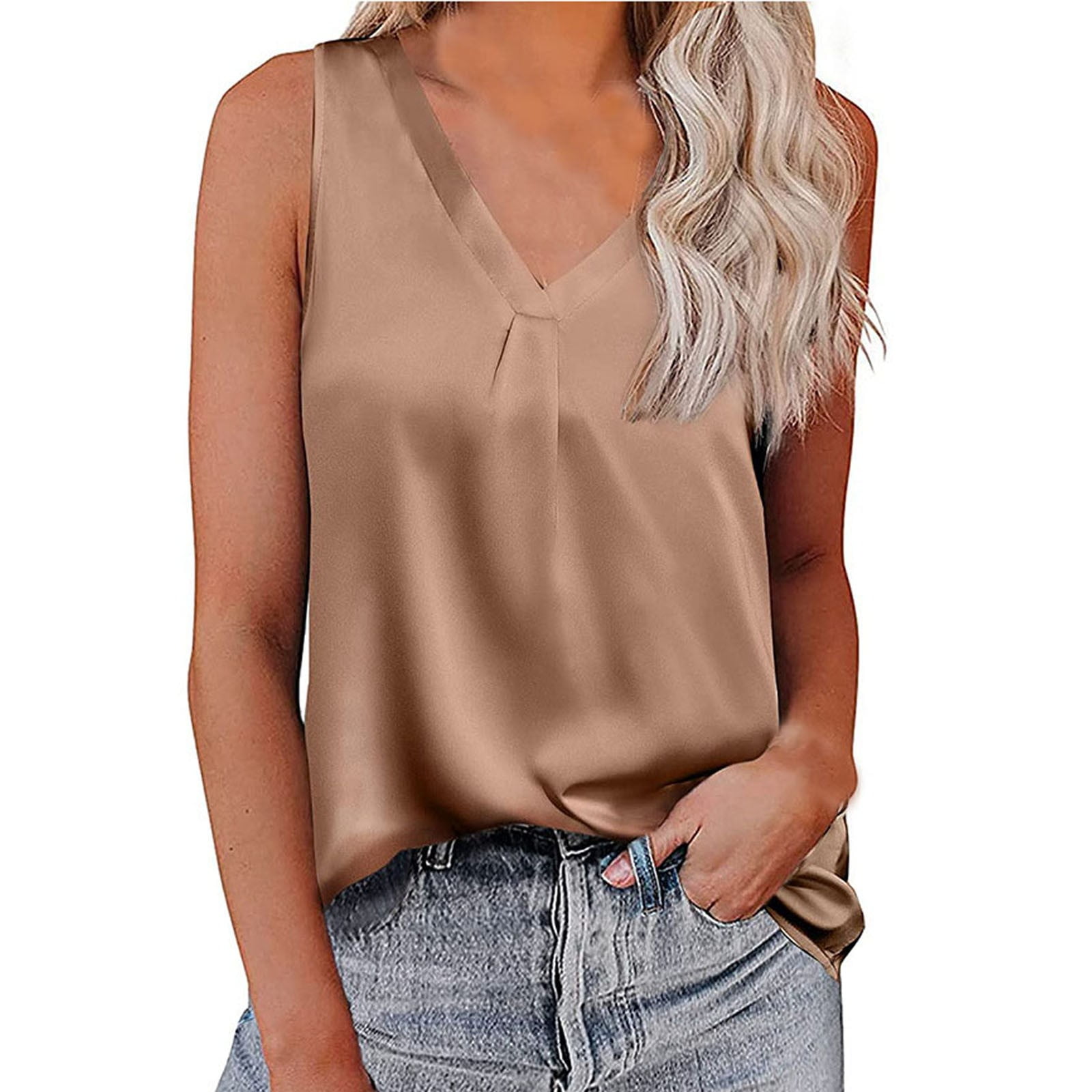 Click here for Unbranded Womens Sleeveless Solid Color V-Neck Sat... prices