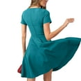 Elegant Short Sleeve Pleated Swing Round Neck Solid Color Loose Dress ...